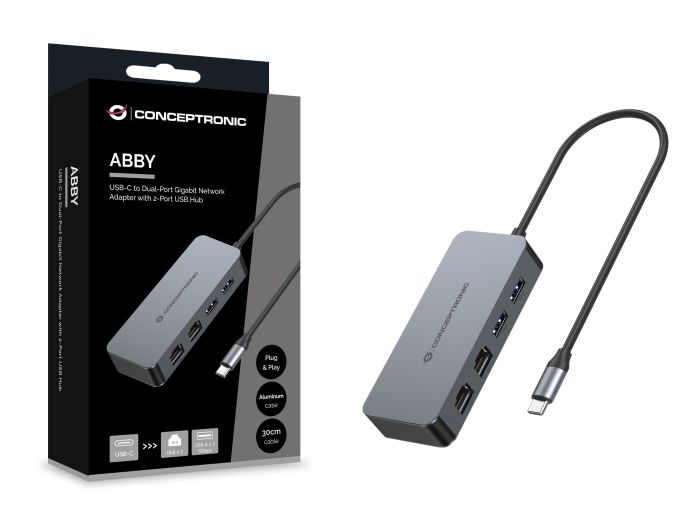 ABBY24G USB-C to Dual-Port Gigabit Network Adapter | Conceptronic